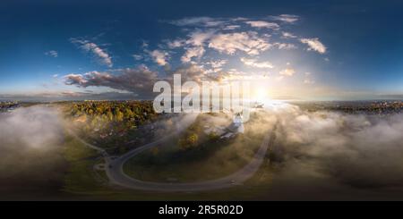 360° view of full hdri 360 panorama of earlier foggy morning and aerial ...