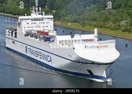 RO-RO-Cargo-Ship GENCA passing the Kiel Canal bound for Eemshaven Stock ...