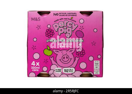 pack of Percy Pig phizzy fruit juice drink from M&S made with real fruit juice isolated on white ...