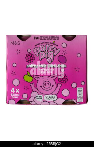 pack of Percy Pig phizzy fruit juice drink from M&S made with real fruit juice isolated on white ...