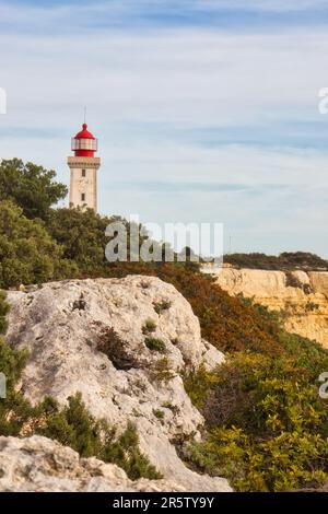 A lighthouse on top of a cliff surrounded by the calm sea against the ...