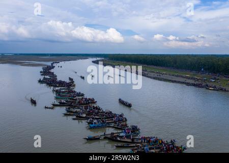 Arial view of a traditional boat race on the Jamuna river, Tangail ...