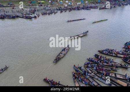 Arial view of a traditional boat race on the Jamuna river, Tangail ...