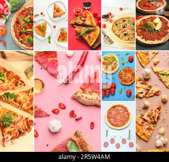 Collage with different pizzas on color background, flat lay Stock Photo ...
