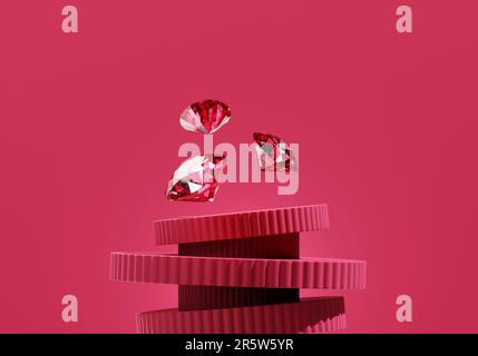 Abstract ruby diamond gem placed on red pedestal background 3d ...