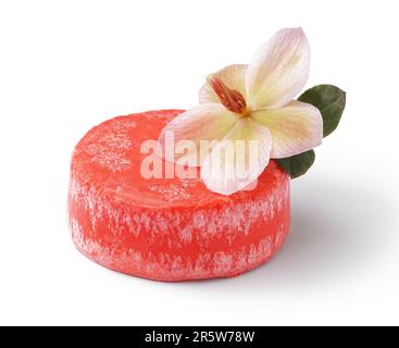 Red solid shampoo bar with flower on white background Stock Photo - Alamy