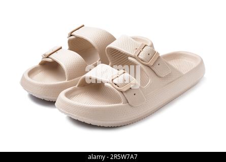 Beige Rubber Summer Sandals isolated on white background. Top view ...