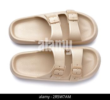 Beige Rubber Summer Sandals isolated on white background. Top view ...