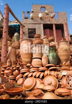 Morocco, clay jugs in front of a hotel, pottery, potteries Stock Photo ...