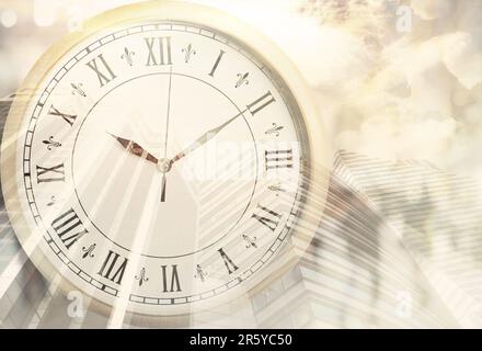 Time related concepts. Multiple exposure of clock, office buildings and ...