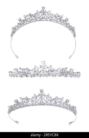 Collage of beautiful silver tiara with diamonds on white background ...