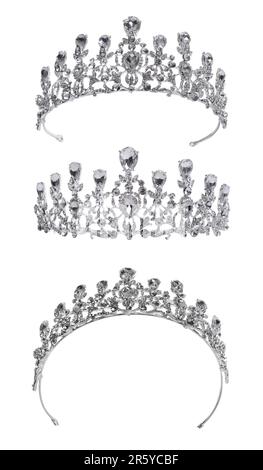 Collage of beautiful silver tiara with diamonds on white background ...
