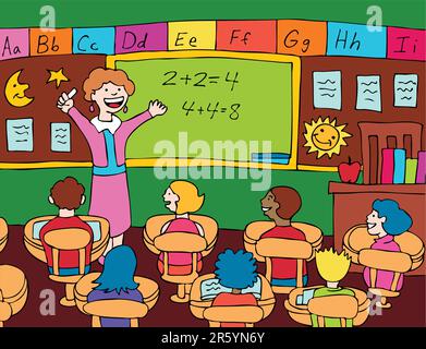 Female teacher gives a lecture to her elementary class on basic math in ...