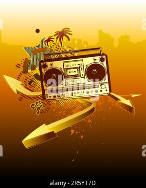Vector illustration of urban music scene - Speaker with star wreath ...