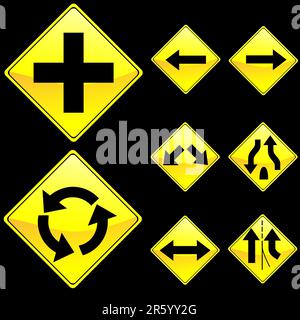 Vector Illustration of Eight Diamond Shape Yellow Road Signs Set 8 ...