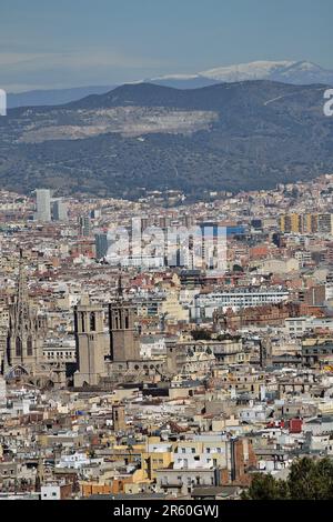 Scenic aerial view with Montjuic mountain in background from the top of ...