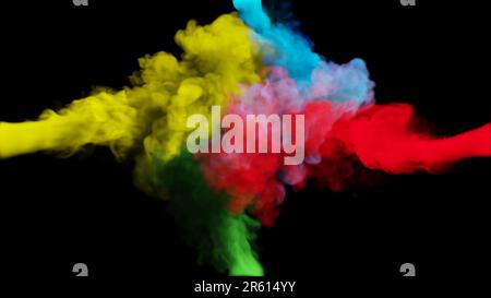 Clubs of multi-colored smoke collide from four sides on a black ...