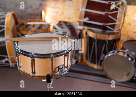 A stack of classic wooden drums Stock Photo - Alamy