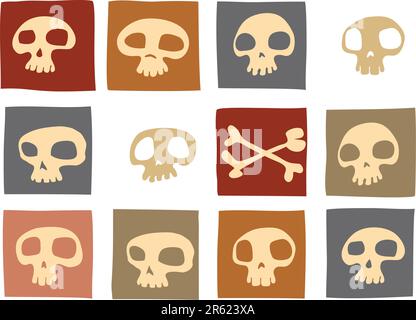 Pattern made of funny skulls and bones on bright red background. Vector ...