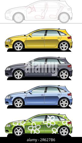 Blue hatchback car side view on a white background. Flat vector ...