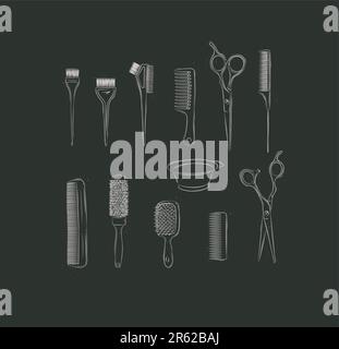 Hairdresser comb types and hair dye brushes collection drawing on light ...