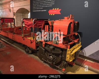 A 1980's rail car used to transport mail on display in the Mail Rail ...
