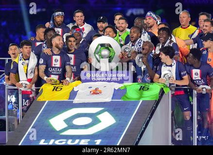 Players of PSG celebrate PSG winning the Ligue 1 championships during ...