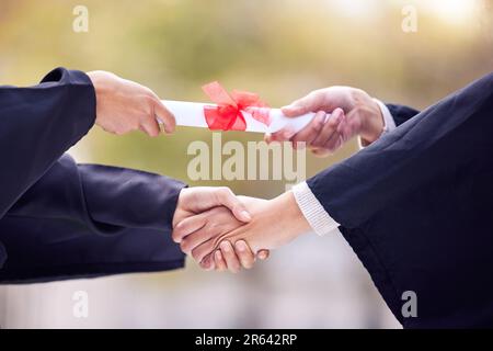 Hands of people, giving and certificate for graduation on campus ...
