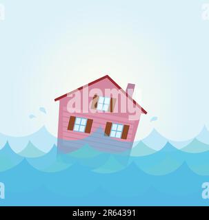 Color cartoon illustration flood disaster depicting underwater vehicle ...