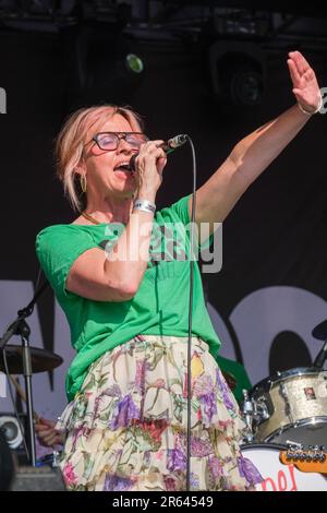 Louise Wener of Sleeper performing at Wychwood Festival, Cheltenham, UK ...