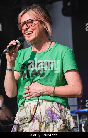 Louise Wener of Sleeper performing at Wychwood Festival, Cheltenham, UK ...