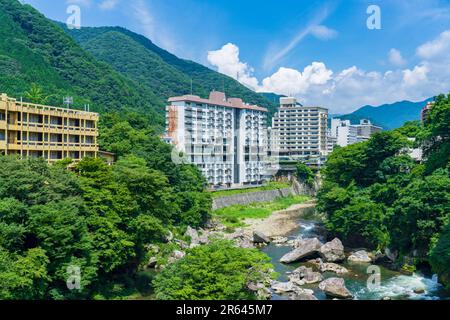 The Kinugawa ravine in Kinugawa hot spring and the resort area Stock ...