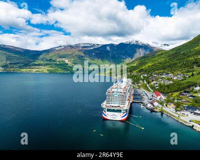 IONA PandO CRUISES from a drone, Olden, Innvikfjorden, Norway, Europe ...