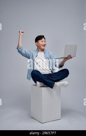 Full length photo of young programmer it developer woman wear glasses ...