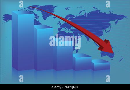 World crisis, decrease chart, moving down arrow on background global map. Chart of financial ...