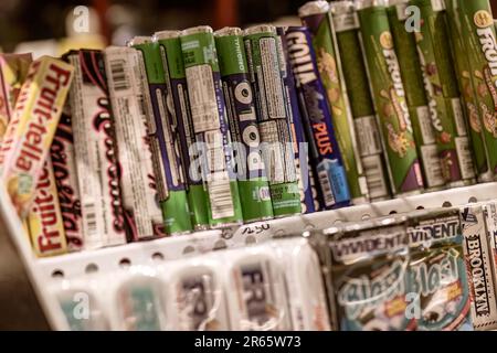 Masi, Italy 7 june 2023: Shelves in a store displaying a variety of ...