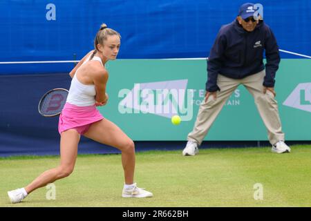 Isabelle Lacy (GBR) playing in the first round at the Surbiton Trophy ...