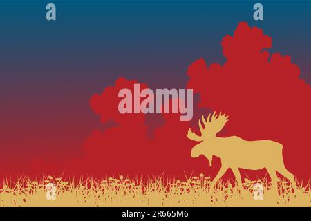 Editable vector illustration of a walking moose with sky Stock Vector ...