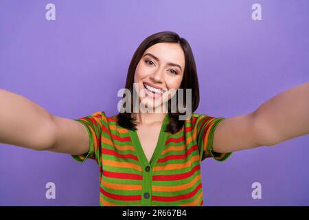 Photo of gorgeous joyful lady influencer wear bright clothes recording ...