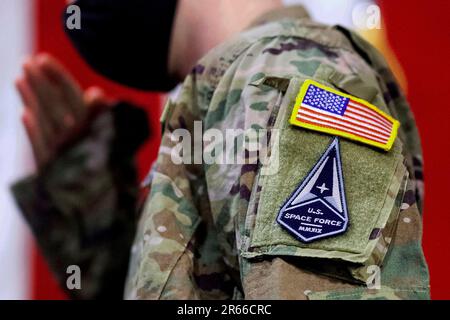 FILE - A solider wears a U.S. Space Force uniform during a ceremony for ...