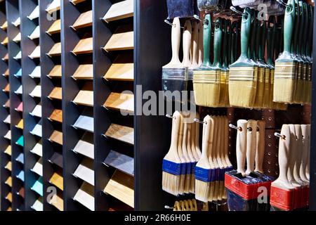 Building brushes and color samples on display at the store Stock Photo ...