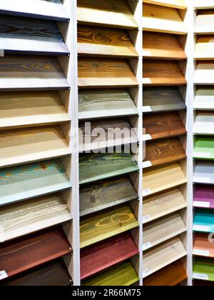 Samples of paint for wood at a construction exhibition Stock Photo - Alamy