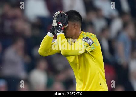 West Ham goalkeeper Alphonse Areola warms up before the Europa ...
