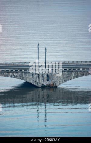 Historic Bandai Bridge and early morning scenery along Niigata Shinano ...