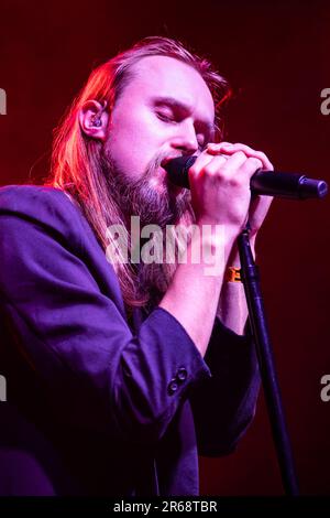 Belarusian band Molchat Doma performs live on stage during a concert at ...