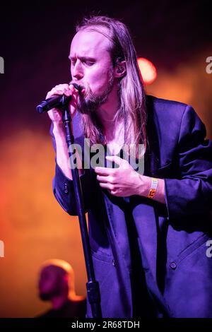 Egor Shkutko of the Belarusian band Molchat Doma performs live on stage ...
