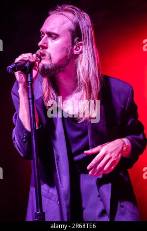 Egor Shkutko of the Belarusian band Molchat Doma performs live on stage ...