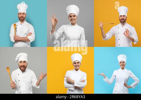 Chefs in uniforms on different color backgrounds, collage design Stock ...