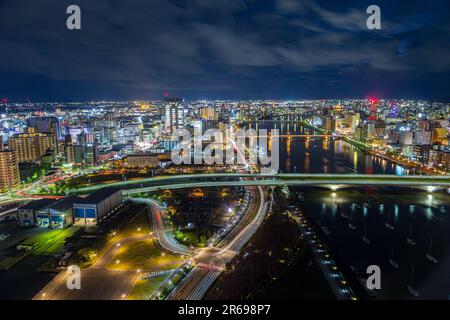 Historic Bandai Bridge and the beautiful night view along the Niigata ...