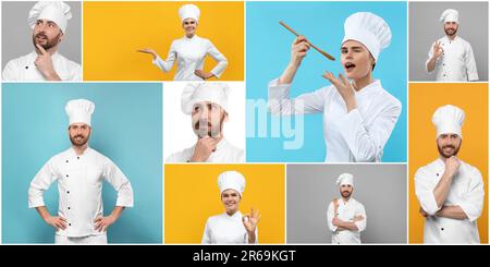 Chefs in uniforms on different color backgrounds, collage design Stock ...